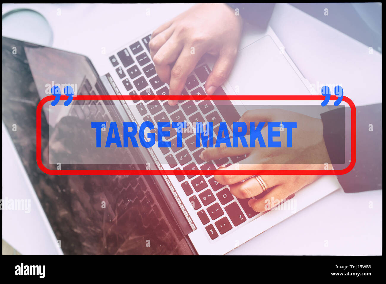 Hand and text "TARGET MARKET" with vintage background. Technology ...