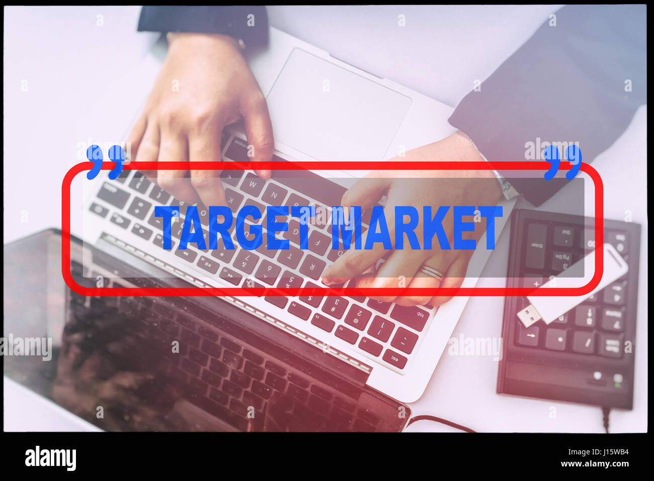 Hand and text "TARGET MARKET" with vintage background. Technology ...