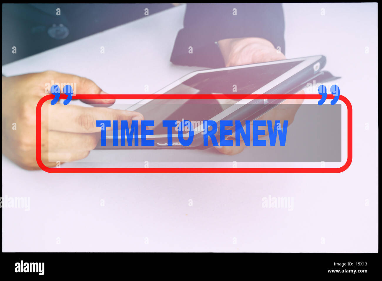 Hand and text "TIME TO RENEW" with vintage background. Technology ...