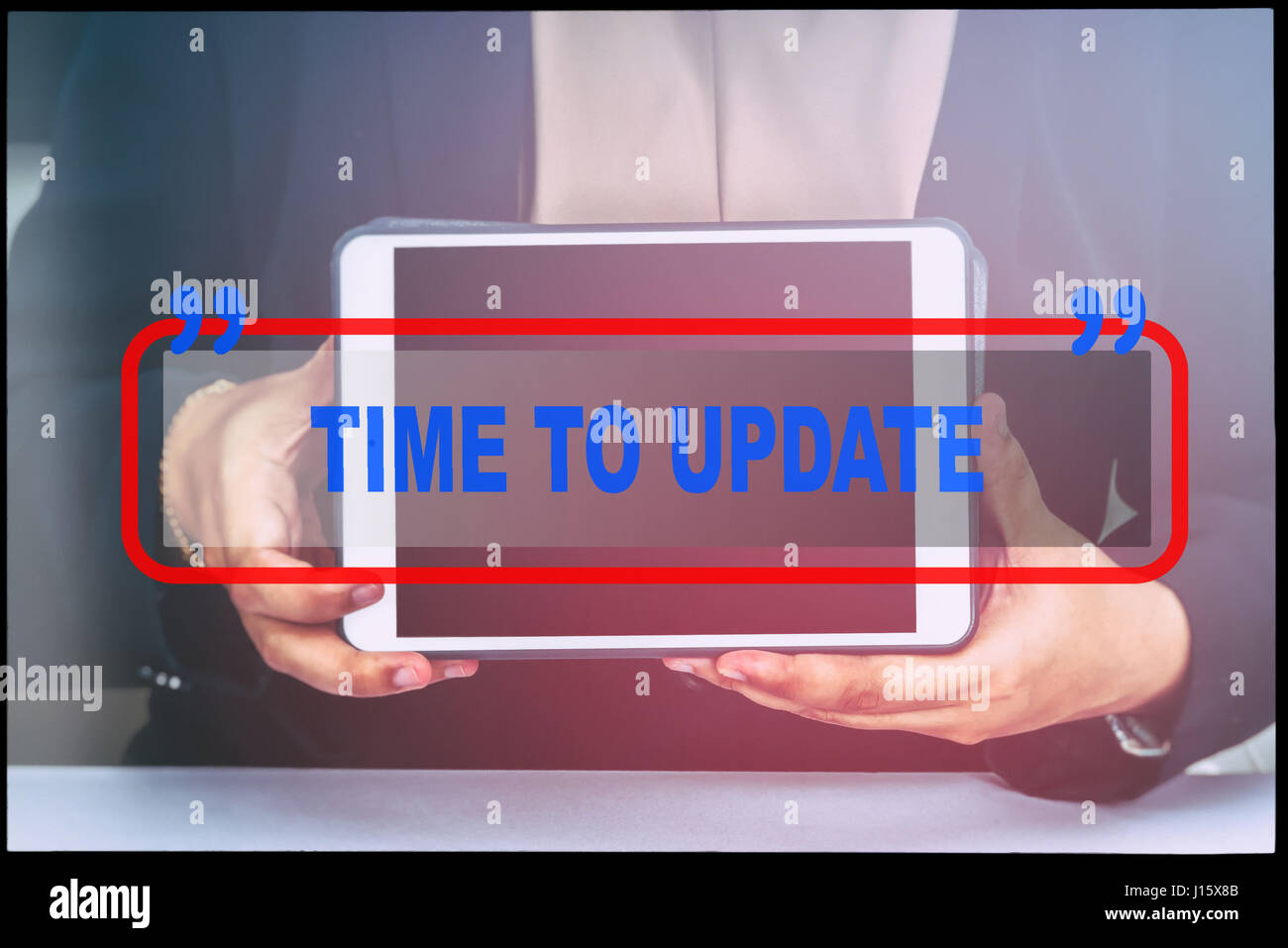 Hand and text "TIME TO UPDATE" with vintage background. Technology ...