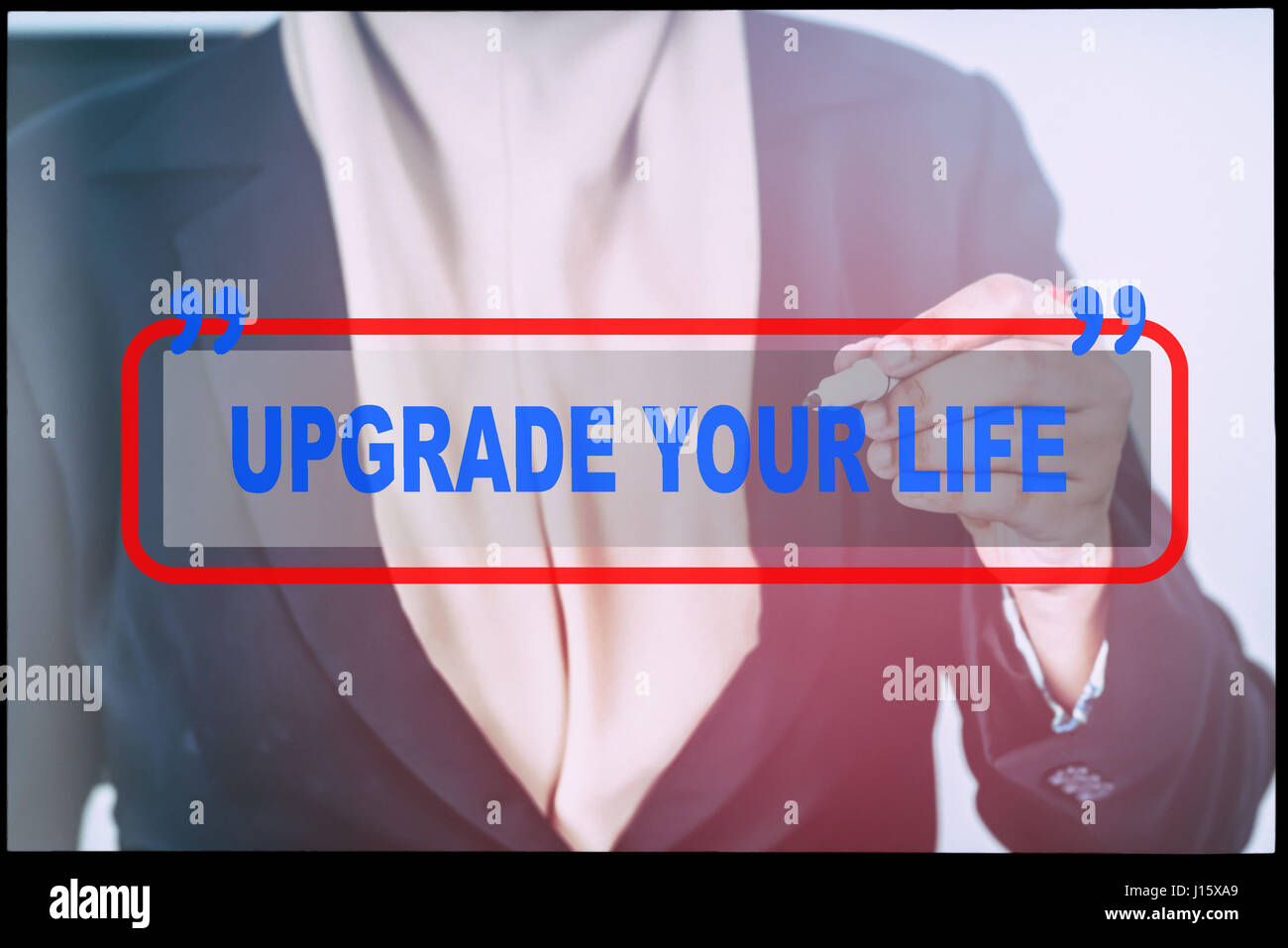 Hand and text "UPGRADE YOUR LIFE" with vintage background. Technology ...