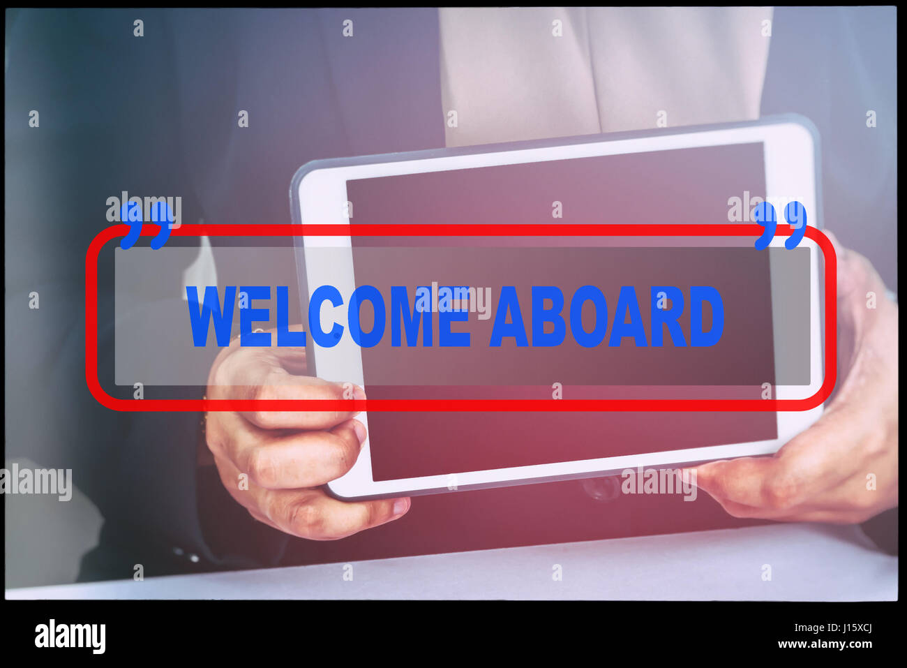 Hand and text "WELCOME ABOARD" with vintage background. Technology ...