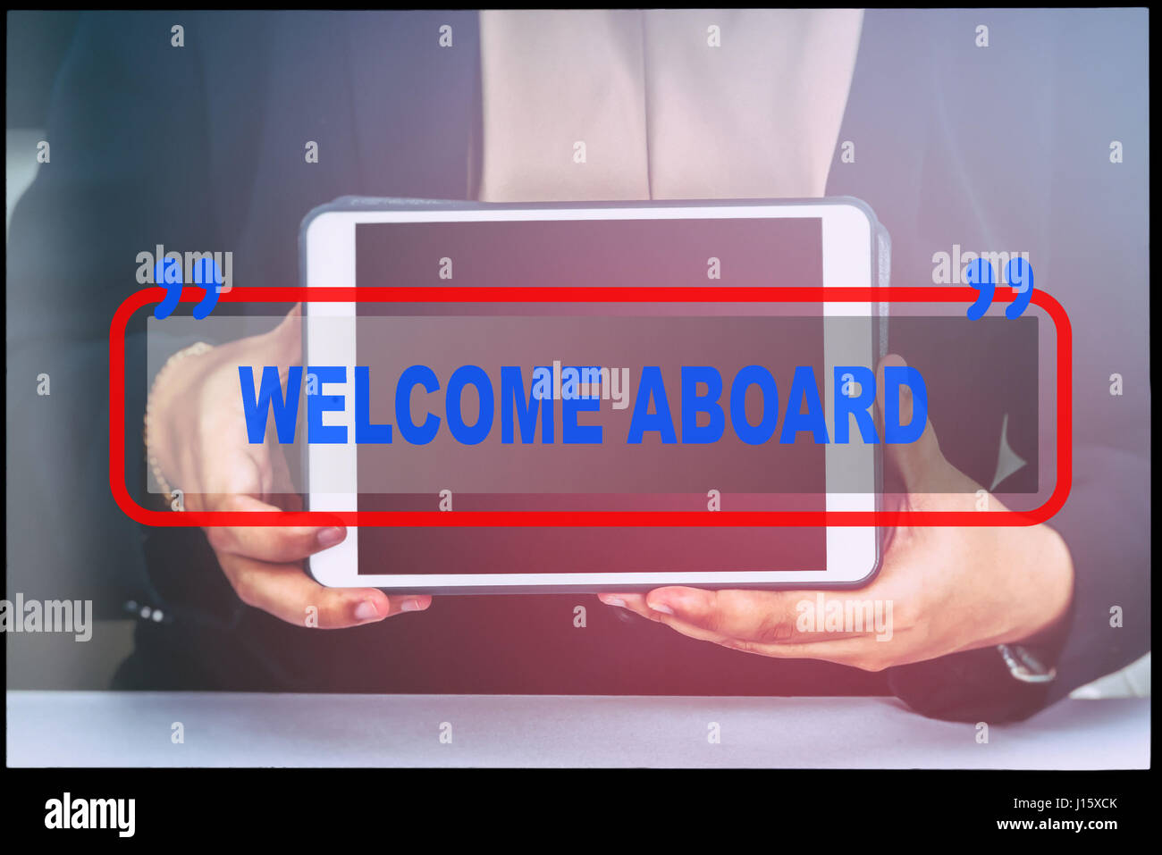 Hand and text "WELCOME ABOARD" with vintage background. Technology ...