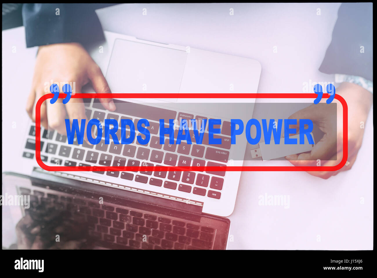 Hand and text "WORDS HAVE POWER" with vintage background. Technology ...