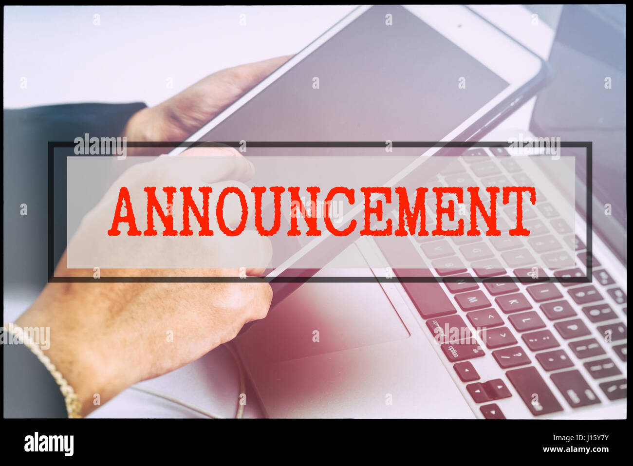 Hand and text ANNOUNCEMENT with vintage background. Technology concept ...