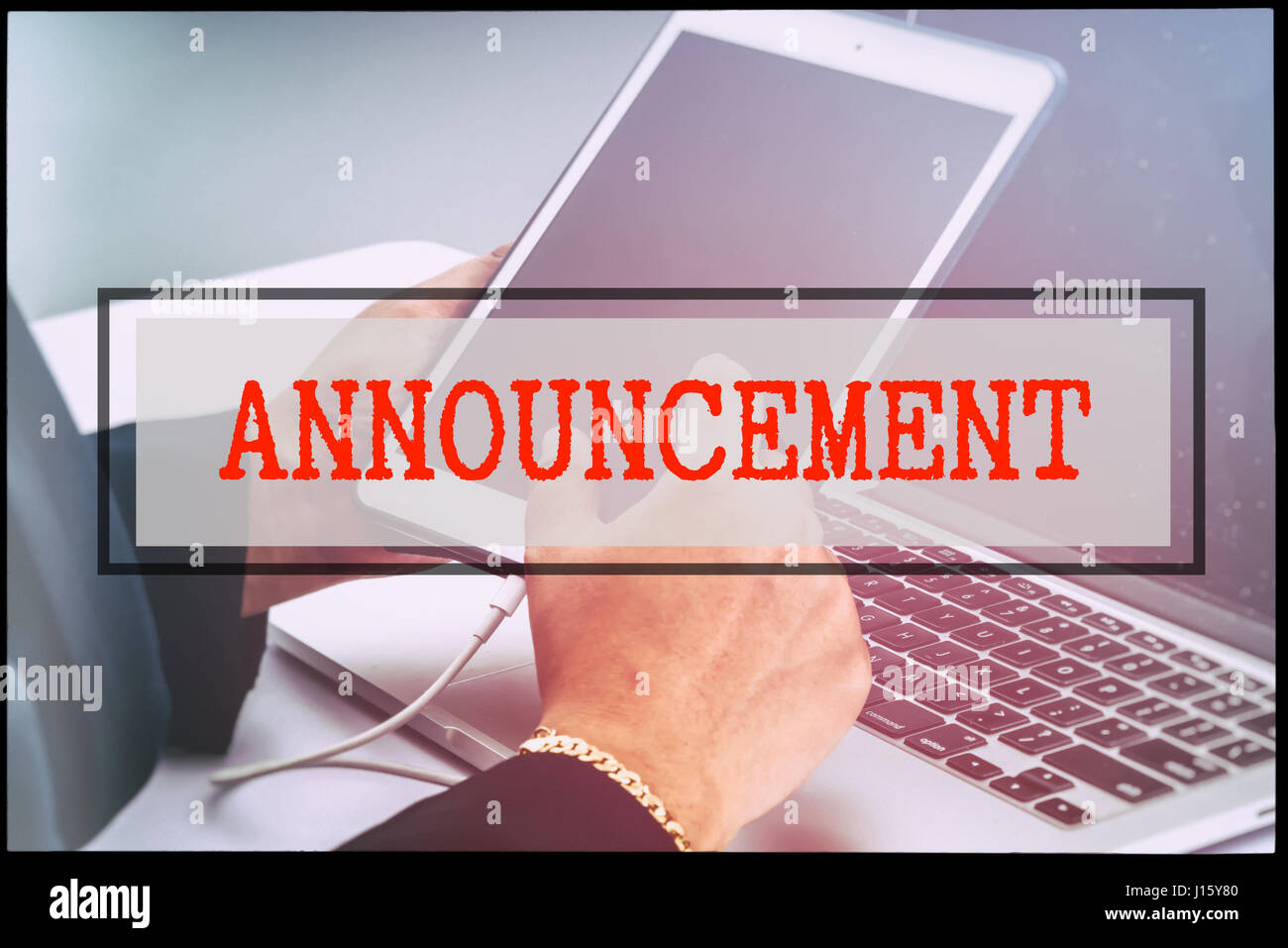 Hand and text ANNOUNCEMENT with vintage background. Technology concept ...
