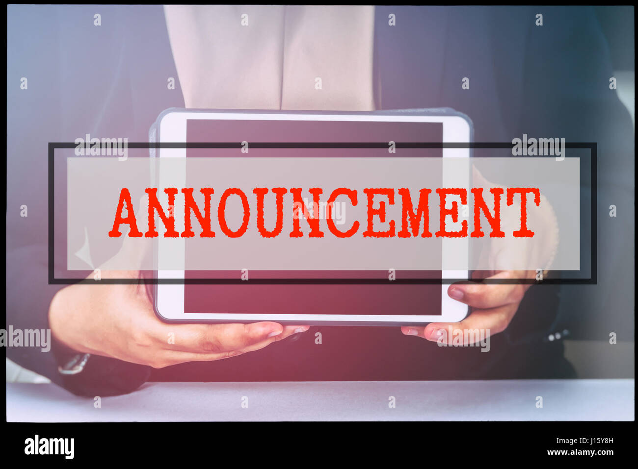 Hand and text ANNOUNCEMENT with vintage background. Technology concept ...