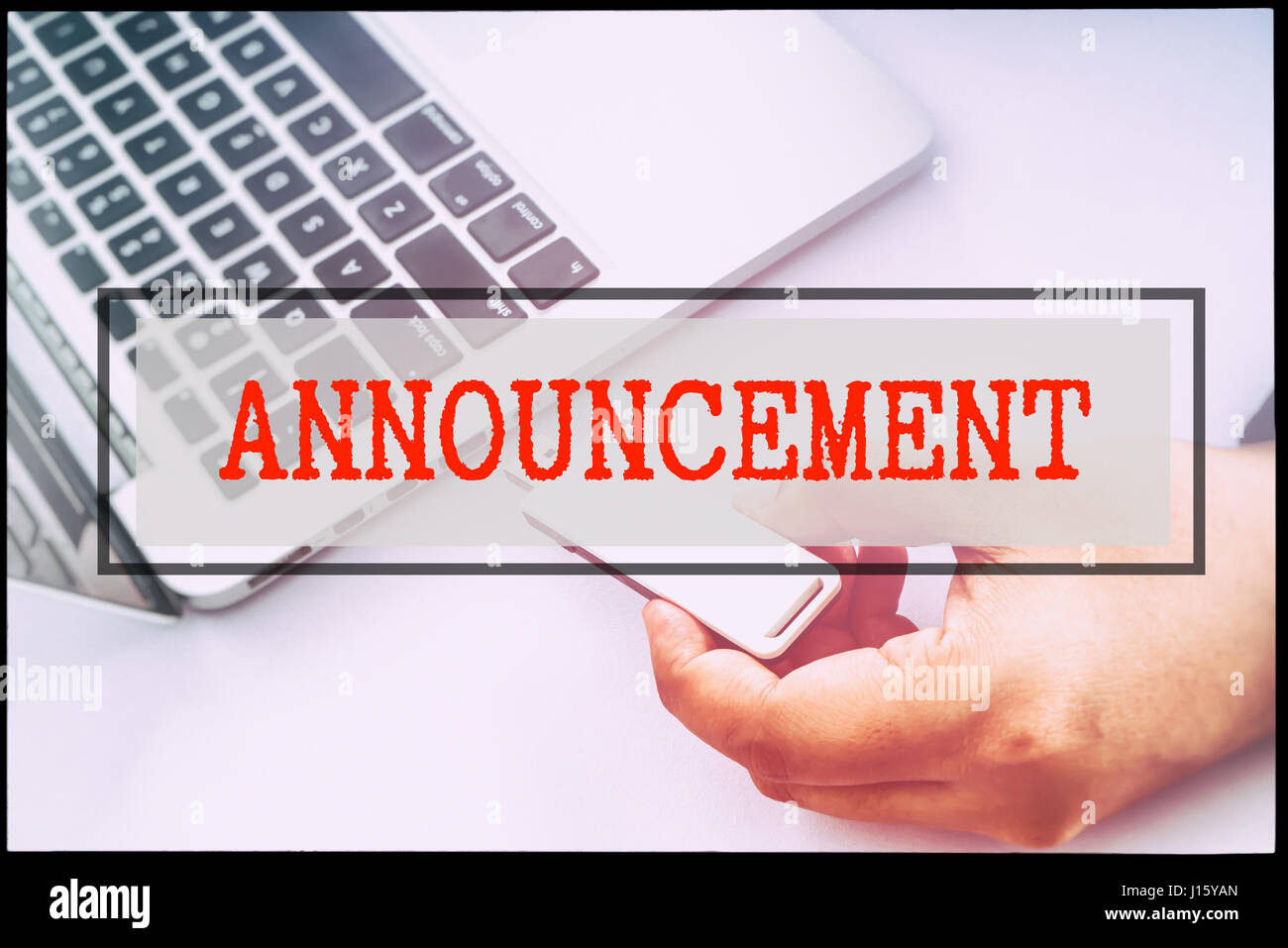 Hand and text ANNOUNCEMENT with vintage background. Technology concept ...