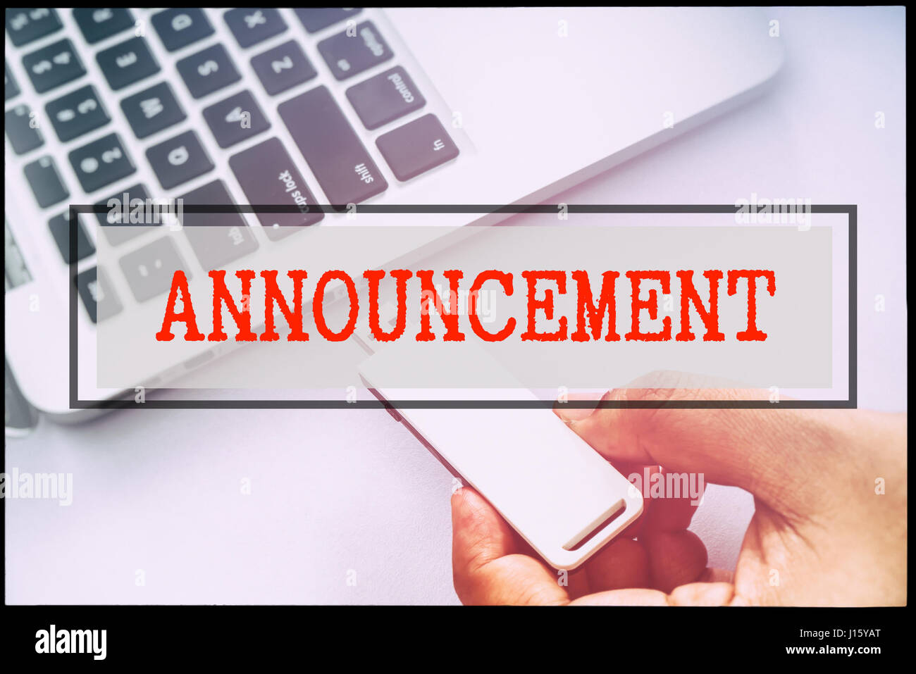 Hand and text ANNOUNCEMENT with vintage background. Technology concept ...