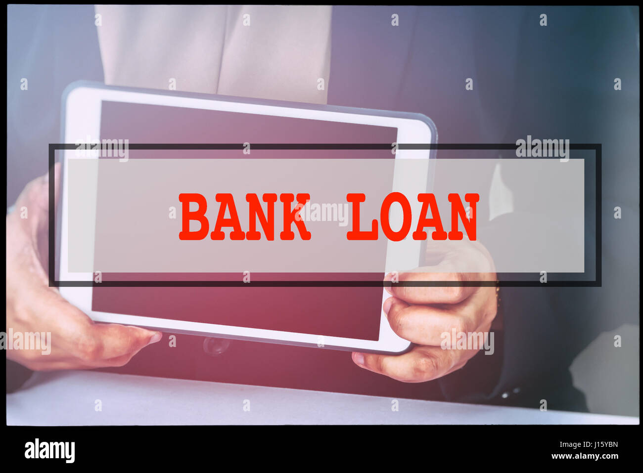 Hand and text BANK LOAN with vintage background. Technology concept ...