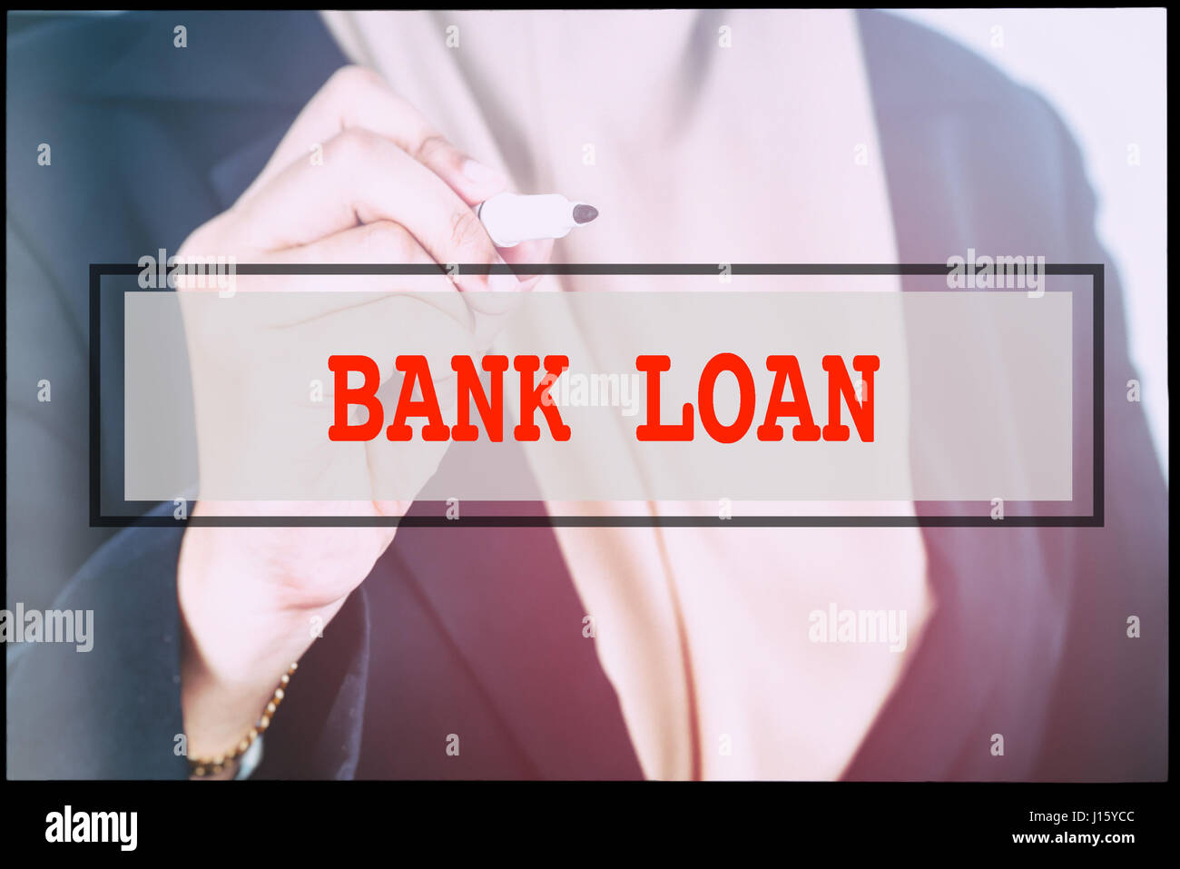 Hand and text BANK LOAN with vintage background. Technology concept ...
