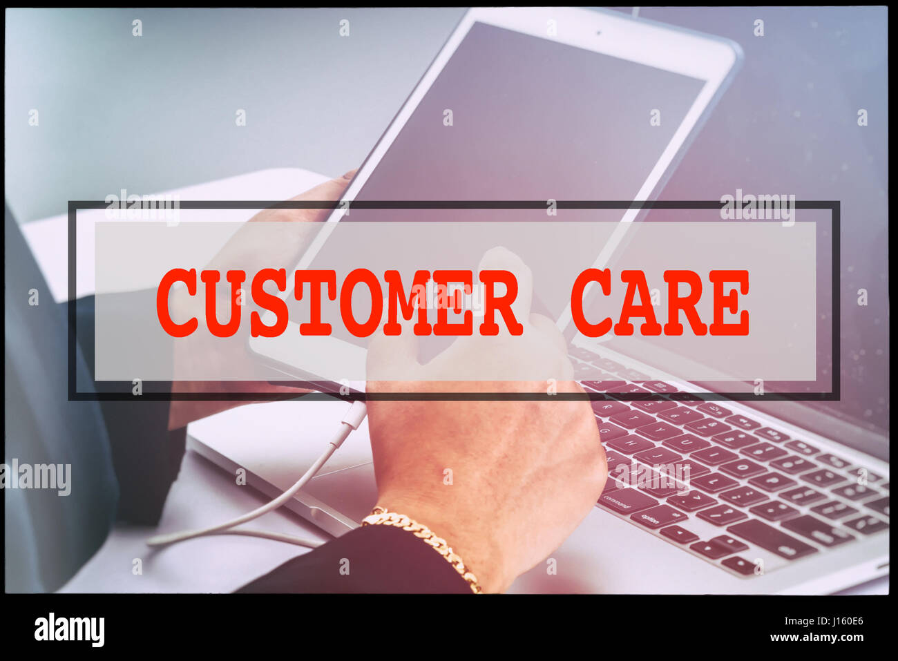 Hand and text CUSTOMER CARE with vintage background. Technology concept ...
