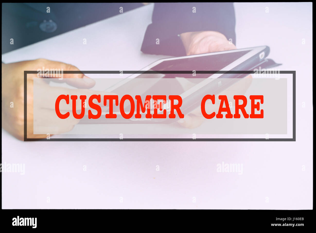 Hand and text CUSTOMER CARE with vintage background. Technology concept ...