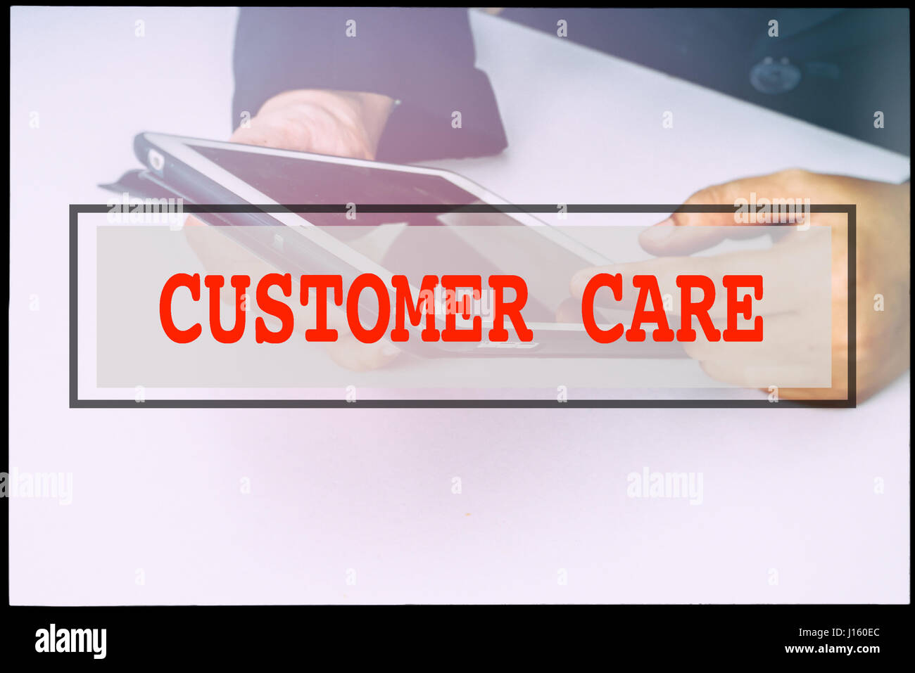 Hand and text CUSTOMER CARE with vintage background. Technology concept ...