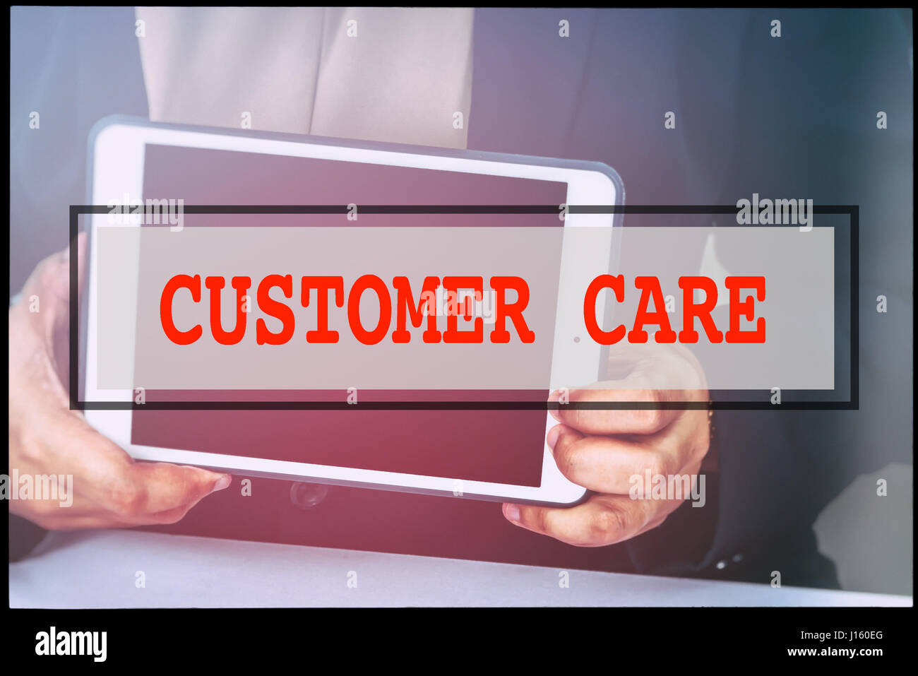 Hand and text CUSTOMER CARE with vintage background. Technology concept ...