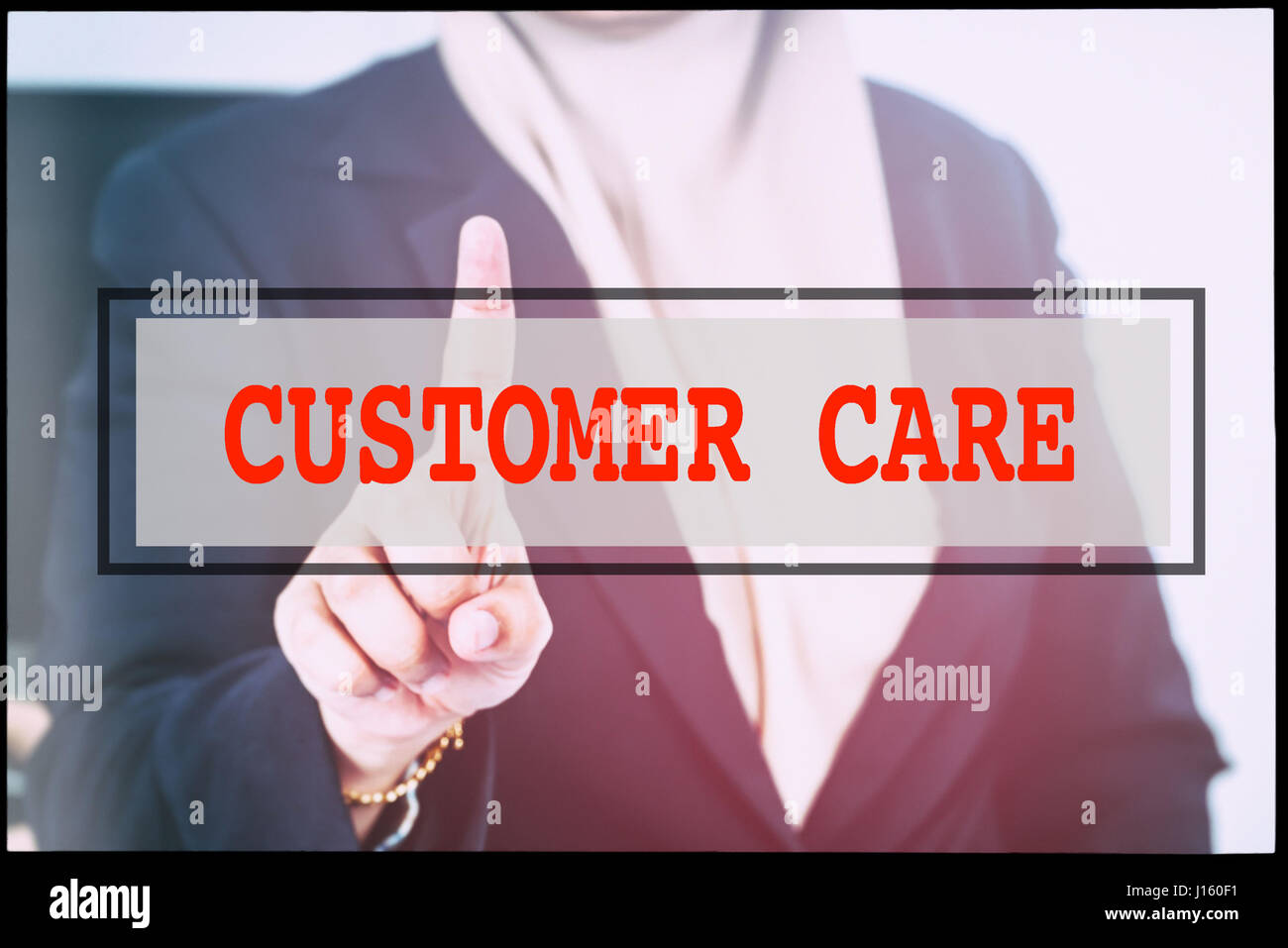 Hand and text CUSTOMER CARE with vintage background. Technology concept ...