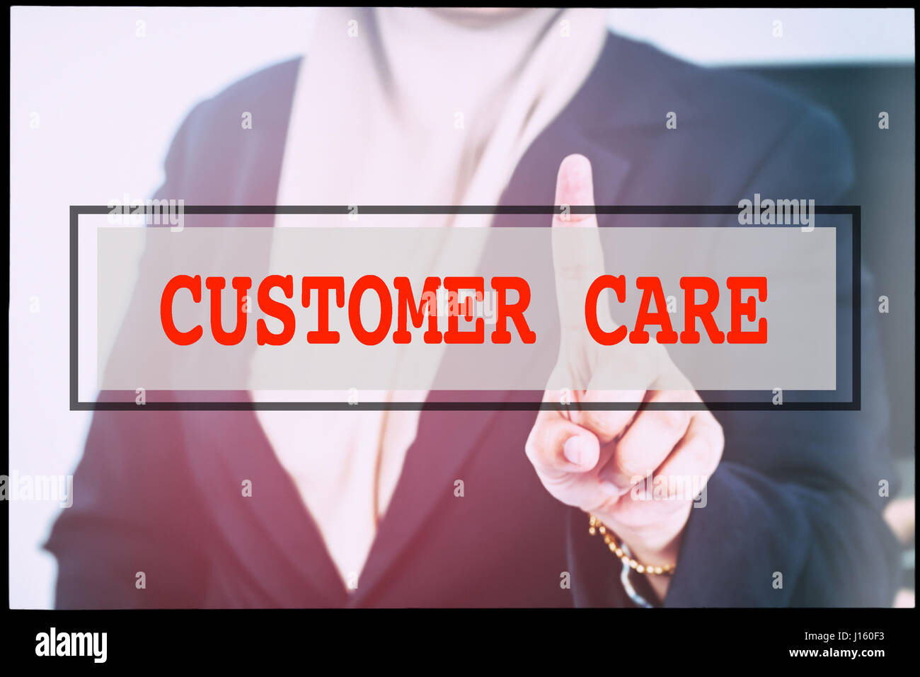 Hand and text CUSTOMER CARE with vintage background. Technology concept ...