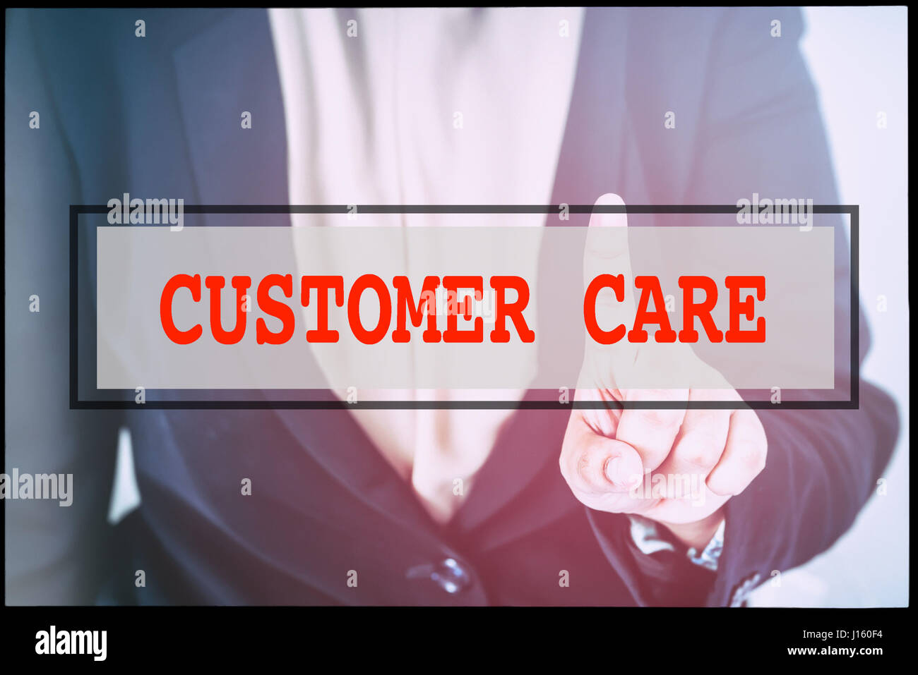 Hand and text CUSTOMER CARE with vintage background. Technology concept ...