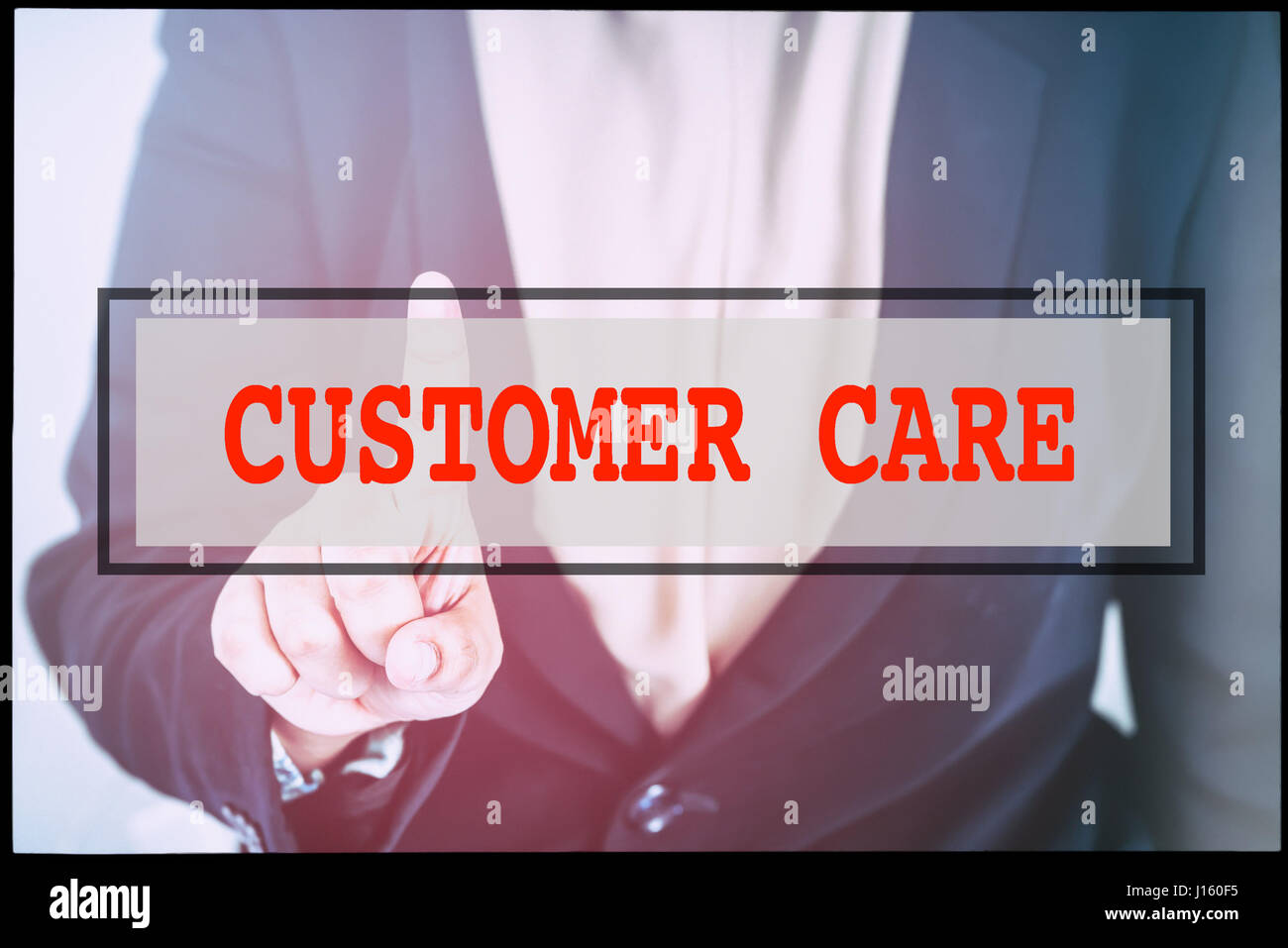 Hand and text CUSTOMER CARE with vintage background. Technology concept ...
