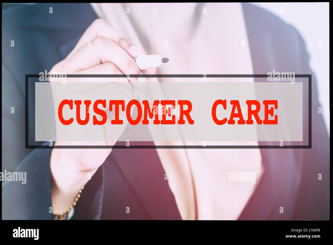 Hand and text CUSTOMER CARE with vintage background. Technology concept ...