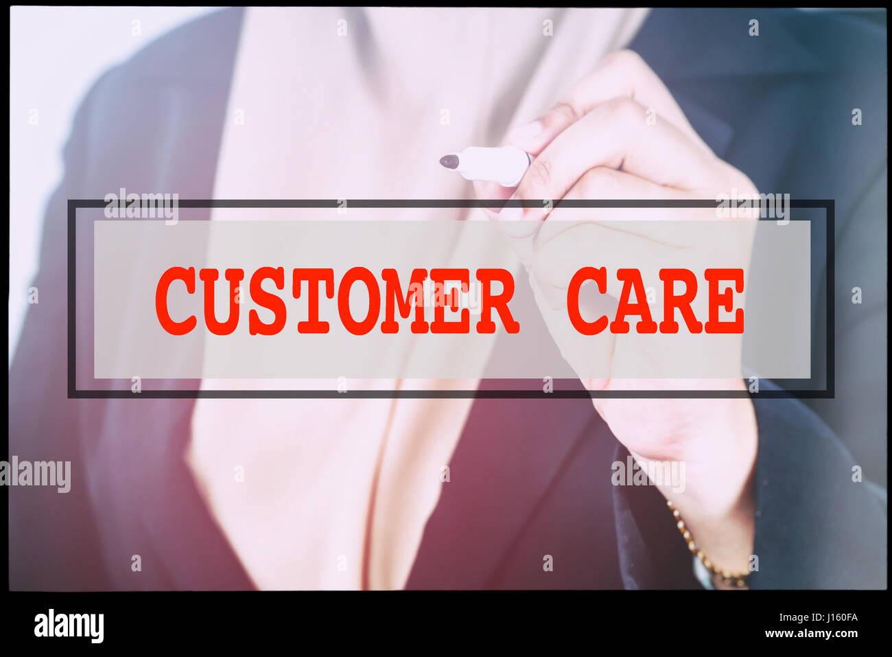 Hand and text CUSTOMER CARE with vintage background. Technology concept ...