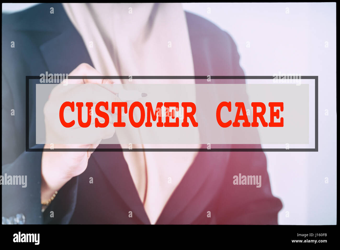 Hand and text CUSTOMER CARE with vintage background. Technology concept ...