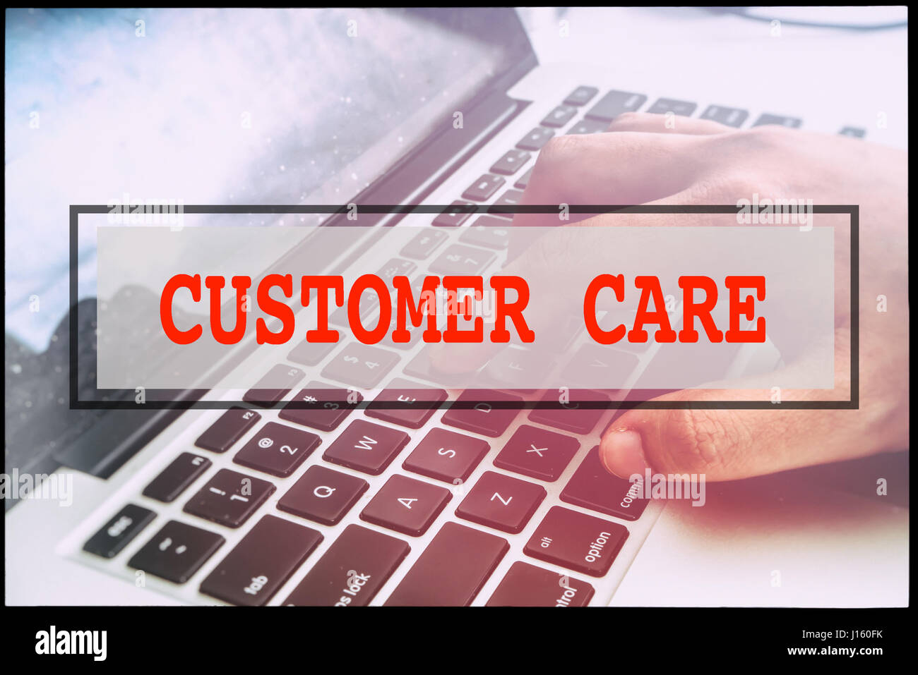Hand and text CUSTOMER CARE with vintage background. Technology concept ...