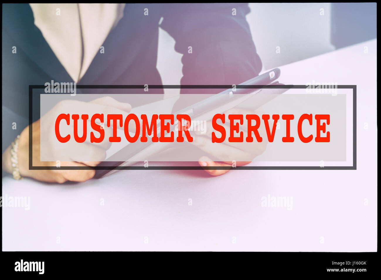 Hand and text CUSTOMER SERVICE with vintage background. Technology ...