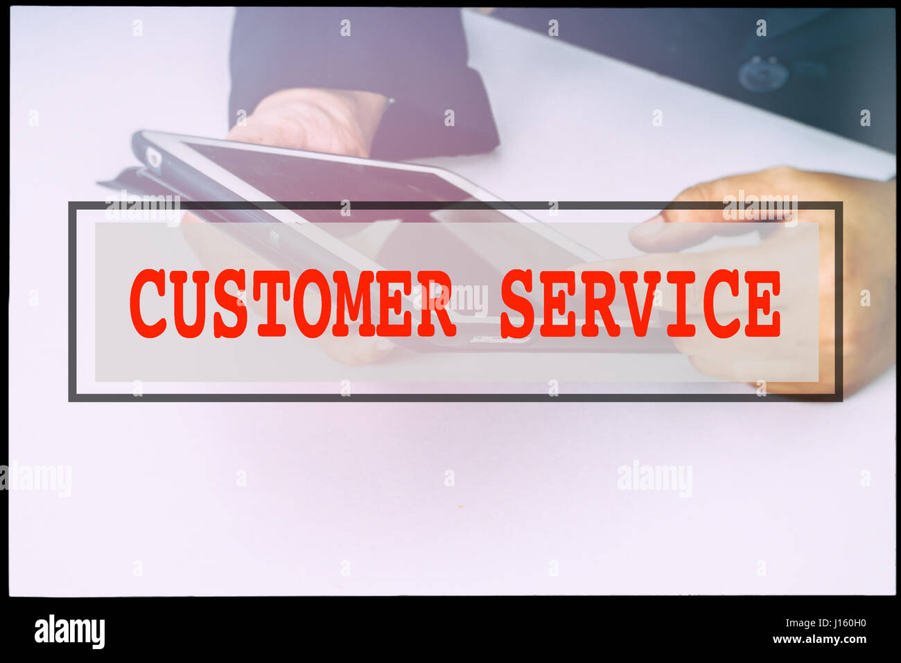 Hand and text CUSTOMER SERVICE with vintage background. Technology ...