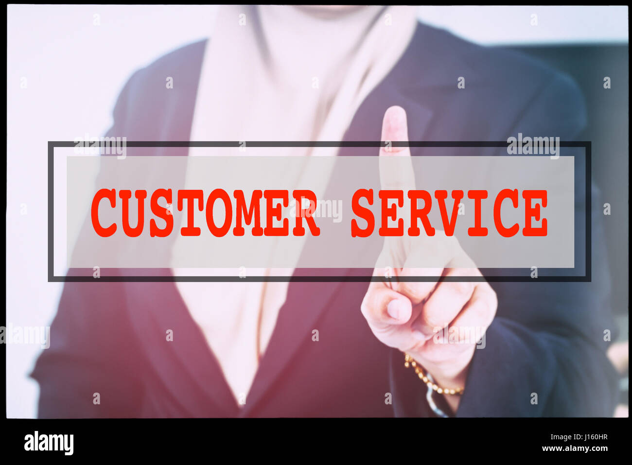 Hand and text CUSTOMER SERVICE with vintage background. Technology ...