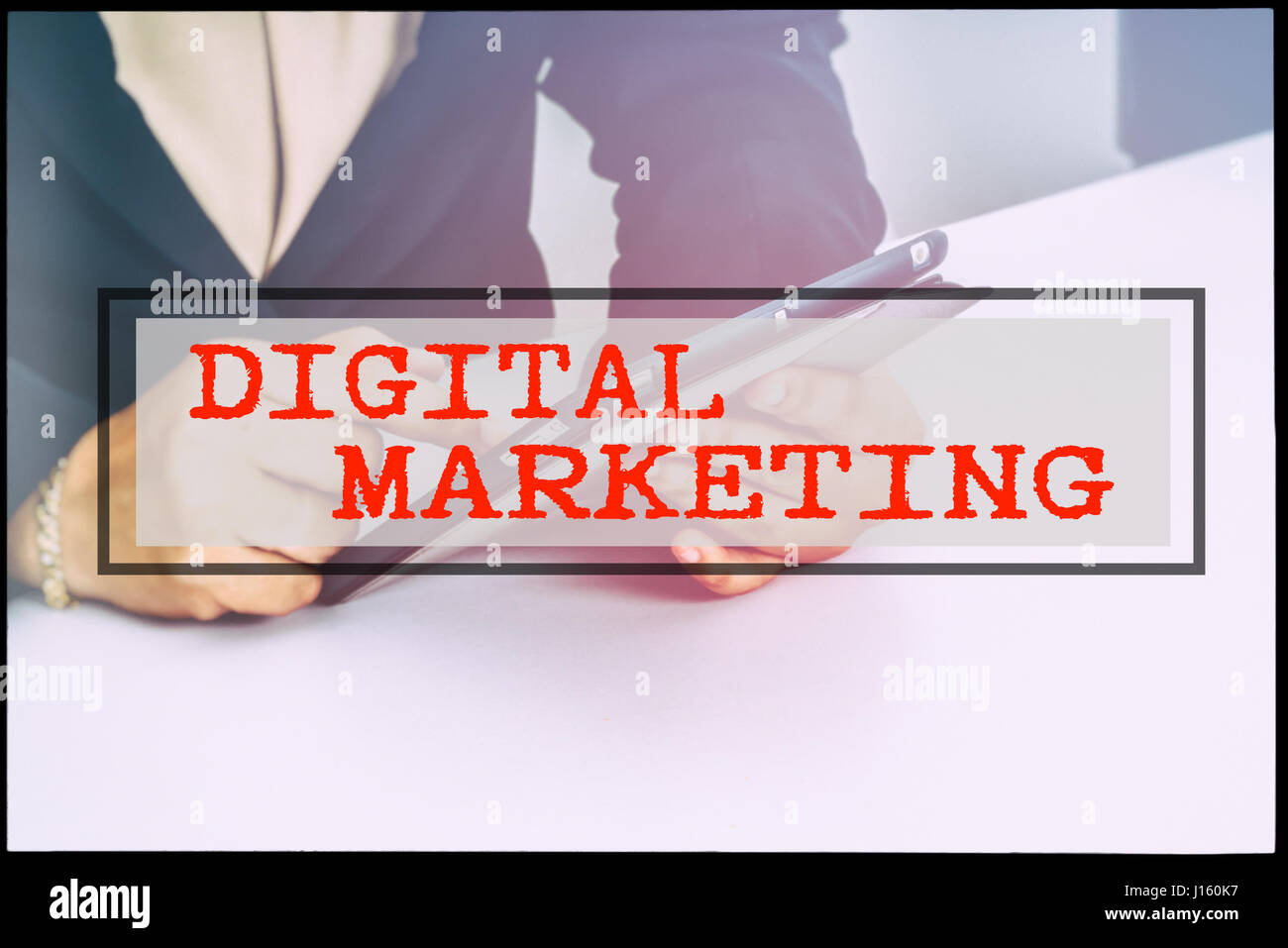 Hand and text DIGITAL MARKETING with vintage background. Technology ...