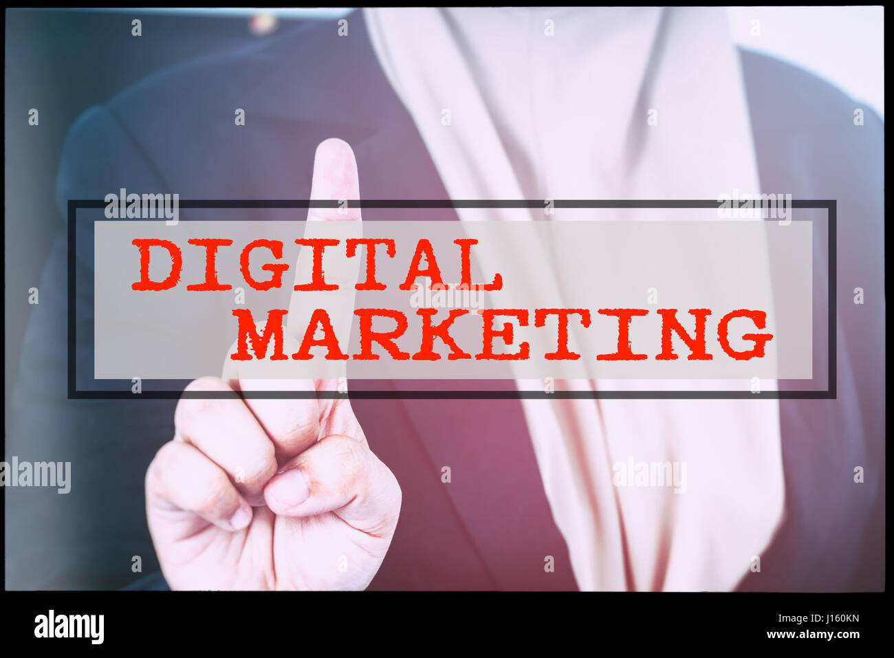 Hand and text DIGITAL MARKETING with vintage background. Technology ...