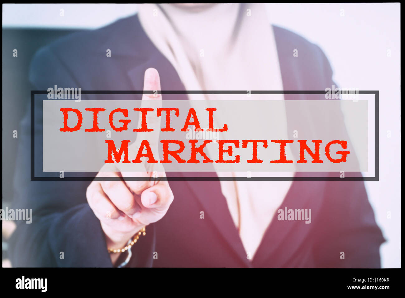 Hand and text DIGITAL MARKETING with vintage background. Technology ...