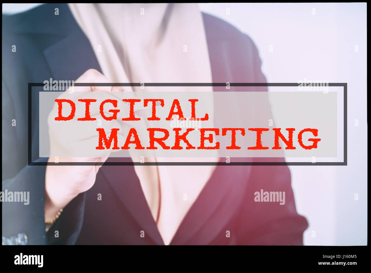 Hand and text DIGITAL MARKETING with vintage background. Technology ...