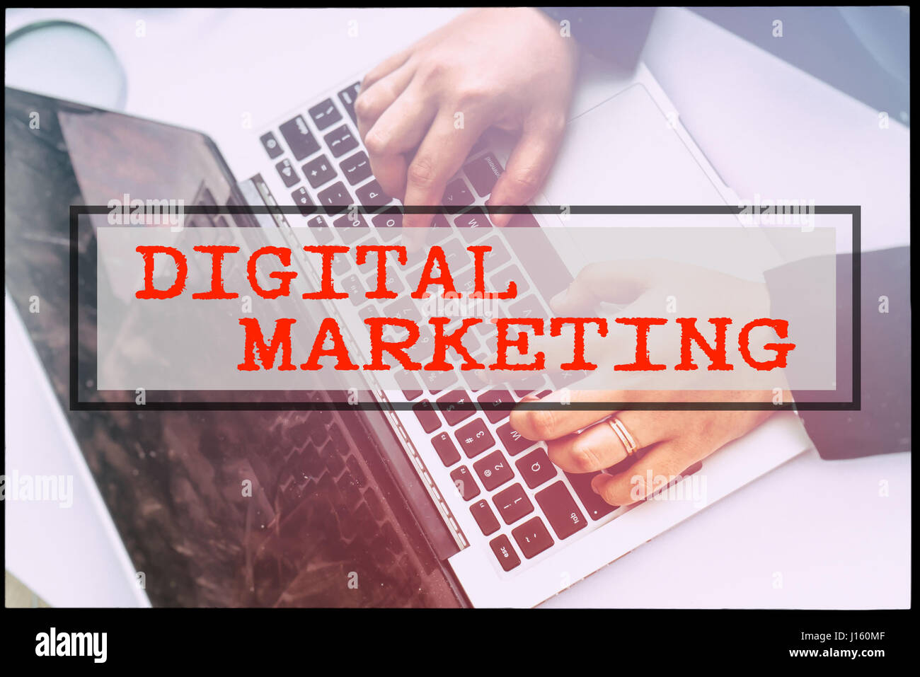 Hand and text DIGITAL MARKETING with vintage background. Technology ...
