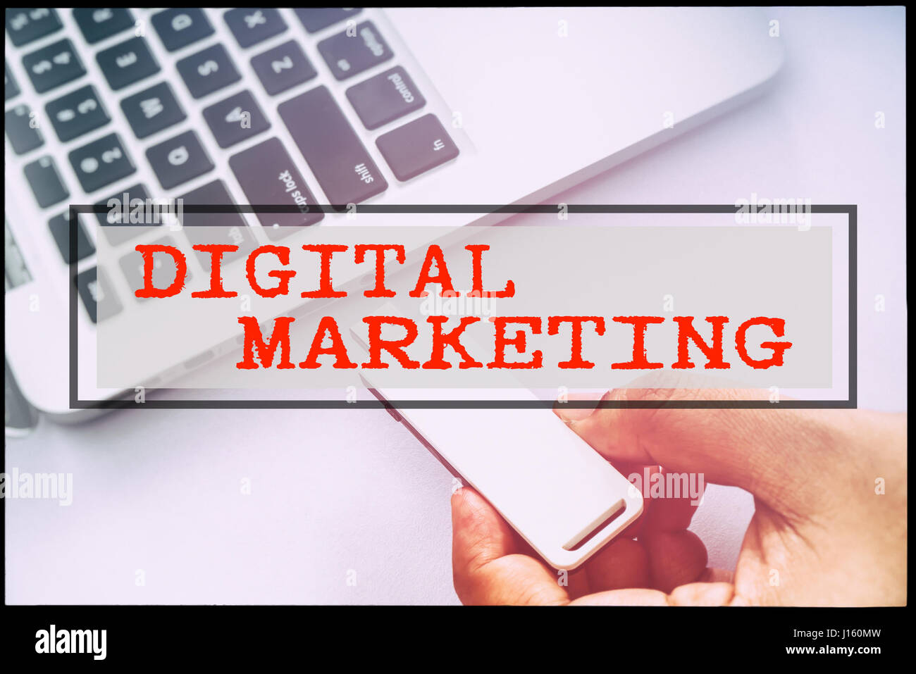 Hand and text DIGITAL MARKETING with vintage background. Technology ...