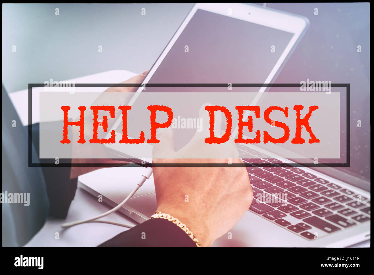 Hand and text HELP DESK with vintage background. Technology concept ...