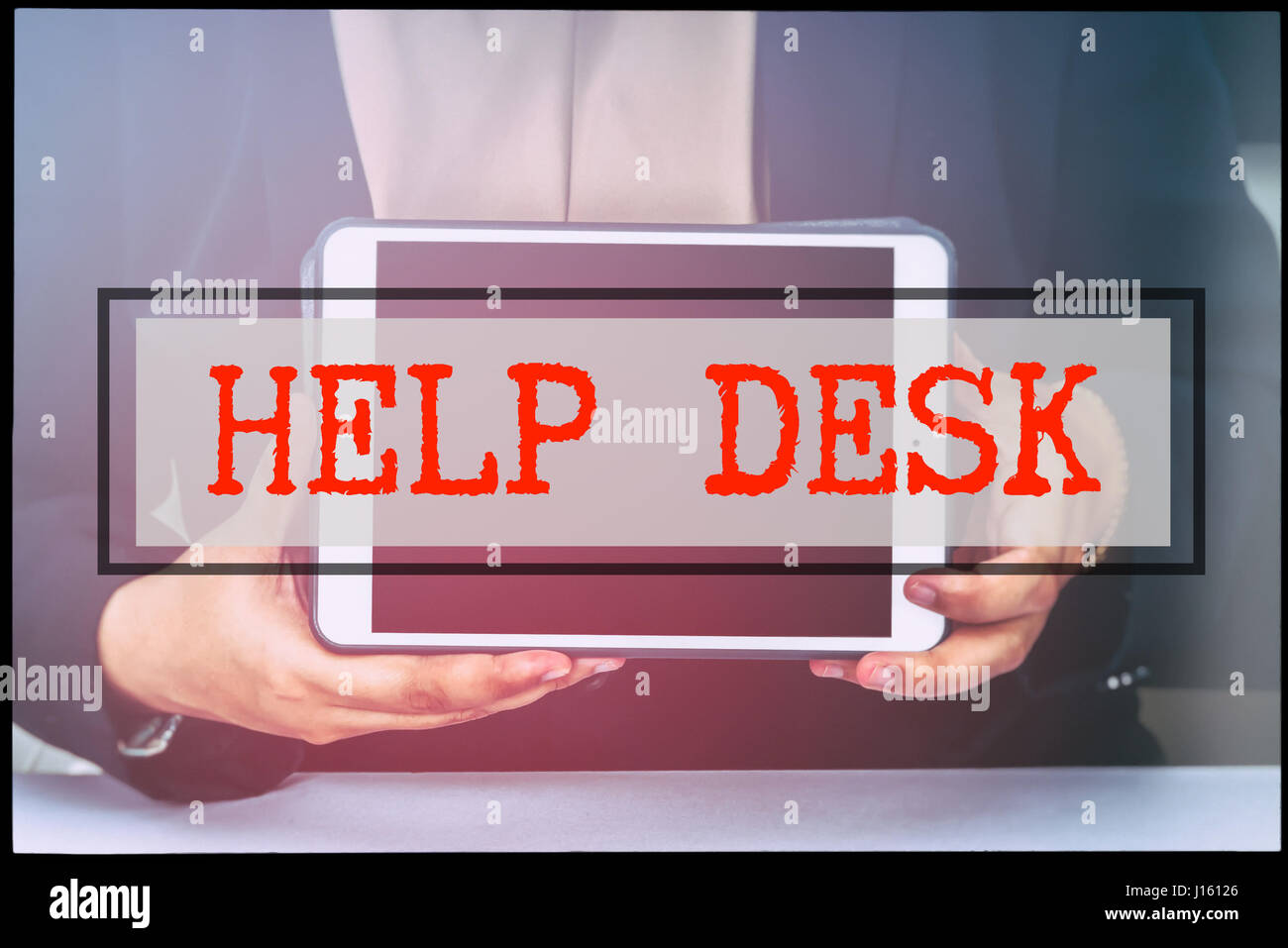 Hand and text HELP DESK with vintage background. Technology concept ...