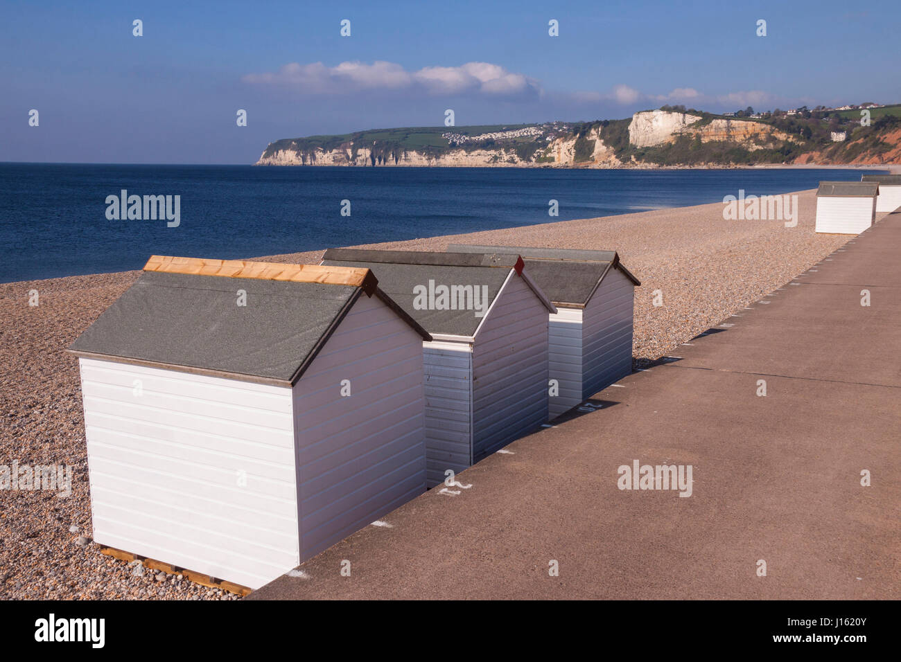Seaton. Beach huts on Seaton seafront, with a blue sky above, empty ...