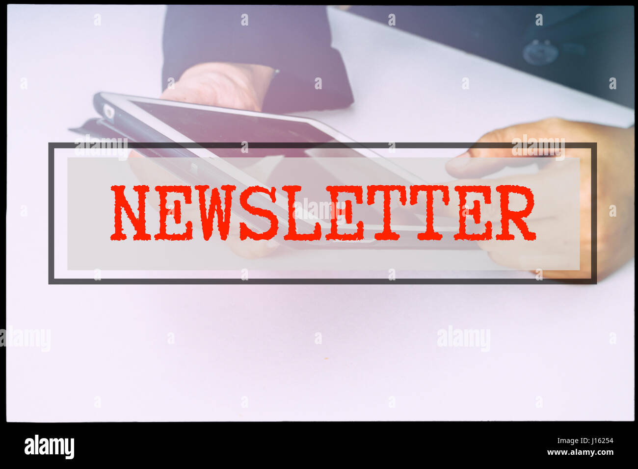Hand and text NEWSLETTER with vintage backgound. Technology concept ...