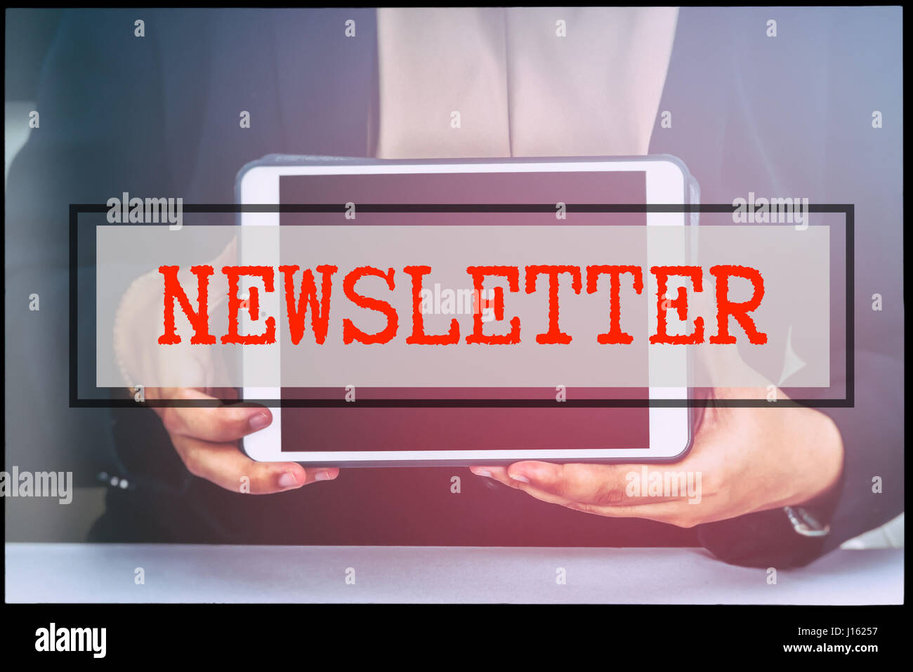 Hand and text NEWSLETTER with vintage backgound. Technology concept ...