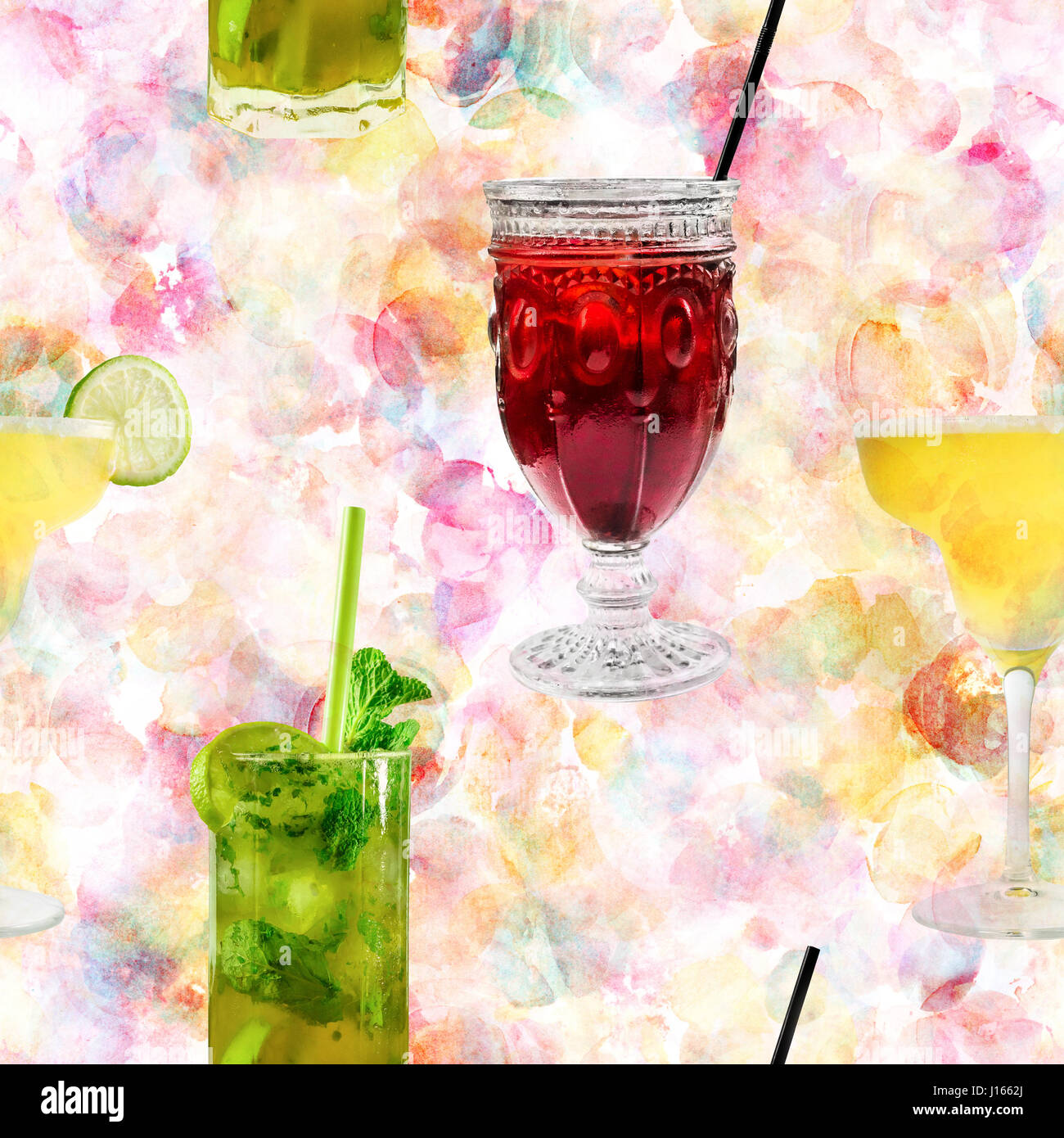 A seamless pattern of vibrant cocktails on a pastel watercolor ...