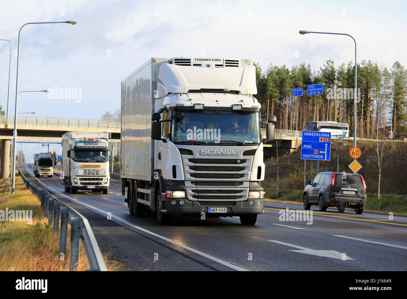 FORSSA, FINLAND - OCTOBER 29, 2016: Busy traffic with three white ...