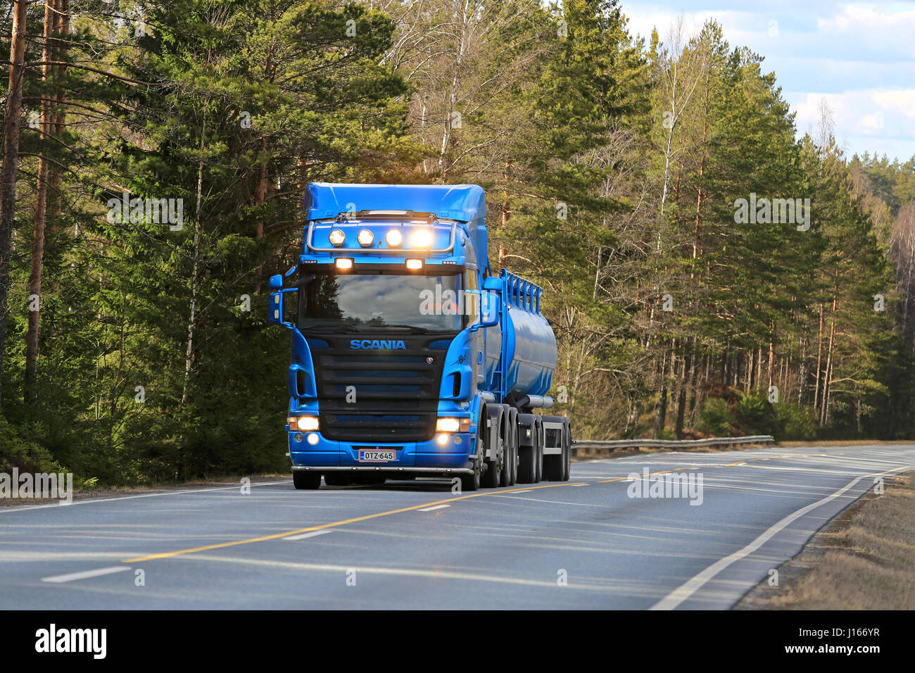 SALO, FINLAND - APRIL 10, 2016: Blue Scania R500 tank truck moves ...
