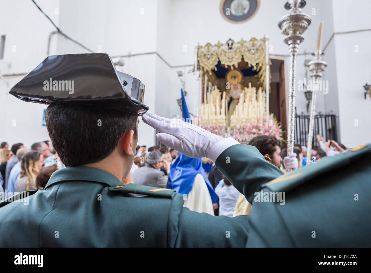 Linares, SPAIN - April 16: Soldiers of the Spanish civil guard salute ...
