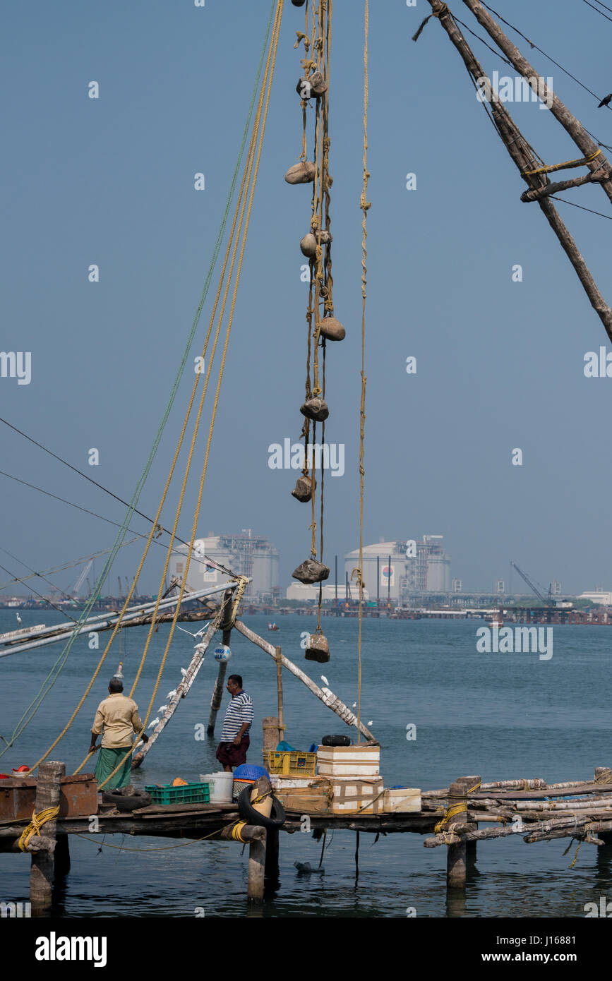 India, Kerala, port city of Cochin. Traditional Chinese fishing nets ...