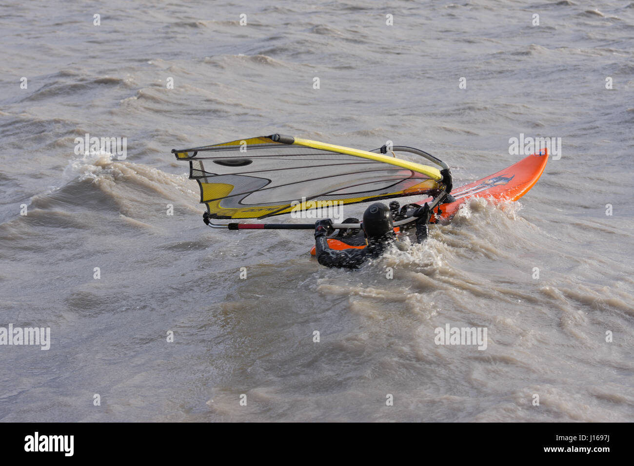 Windsurfer on the Neusiedlersee (Lake Neusiedl) performing a waterstart ...