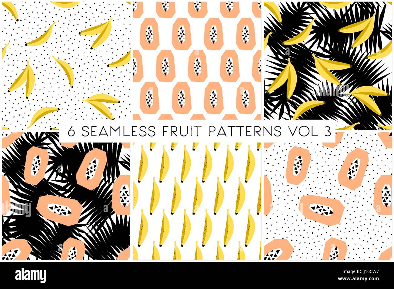 A set of six seamless repeat patterns with fruits and palm leaves on ...