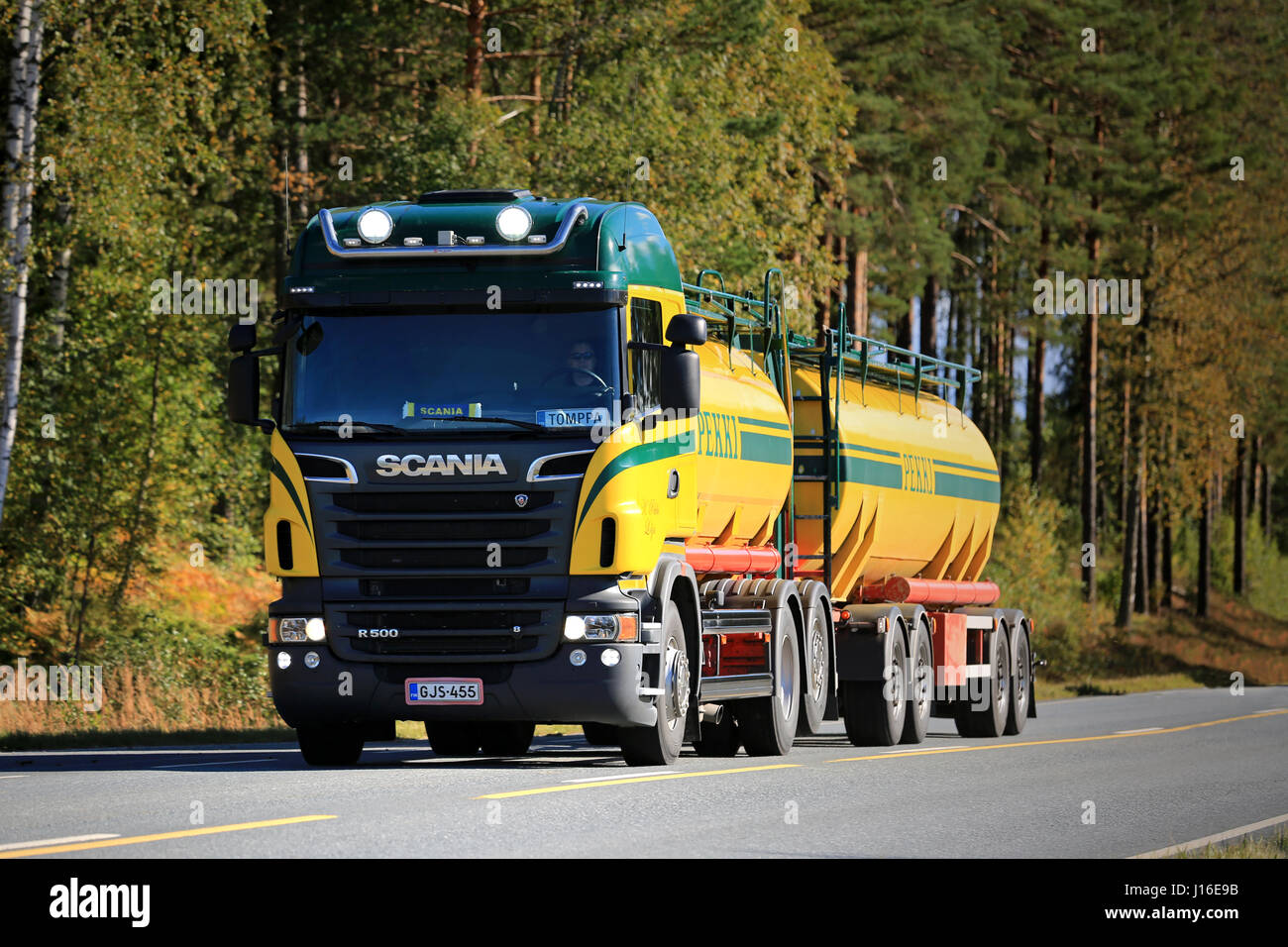 SALO, FINLAND – SEPTEMBER 20, 2015: Scania R500 V8 tank truck on the ...