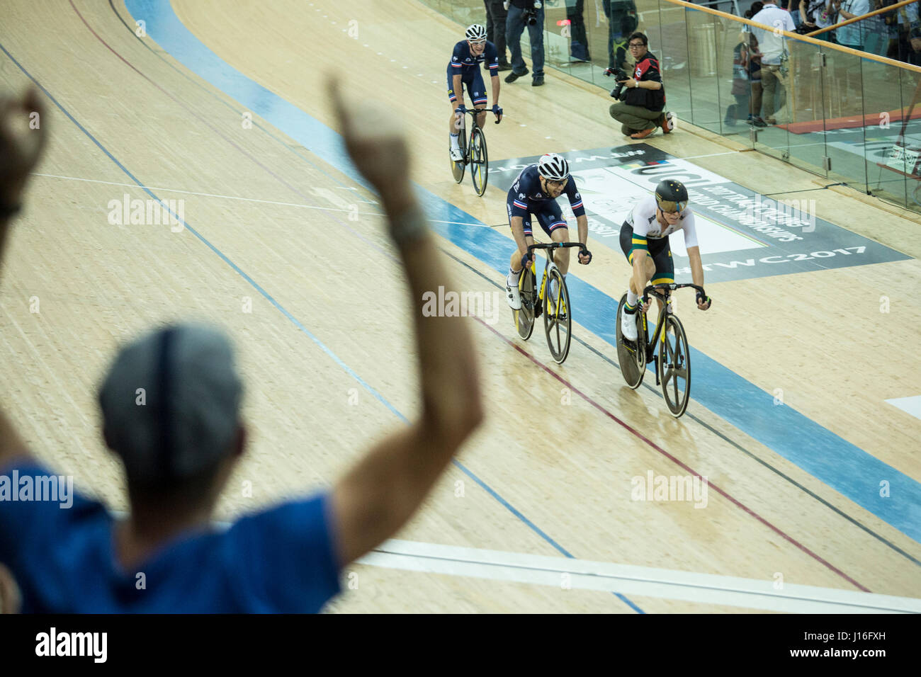 Riders compete in the Men's Madison race in Hong Kong during the Track ...